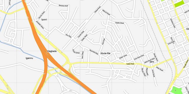 Lagos, Nigeria, printable exact vector map G-View level 16 (250 meters ...