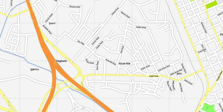 Lagos, Nigeria, printable exact vector map G-View level 16 (250 meters ...