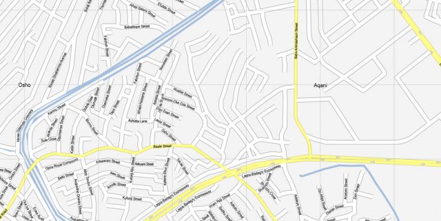 Lagos, Nigeria, printable exact vector map G-View level 16 (250 meters ...