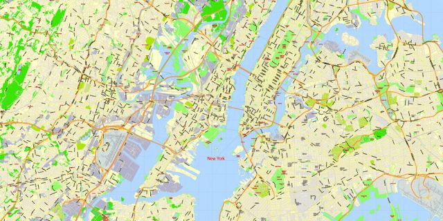 New York City Map, US, exact vector street G-view Level 14 (1,000 ...