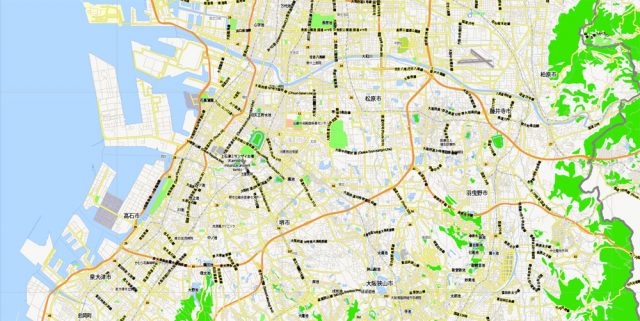 Osaka Vector Map Japan printable exact City Plan 2,000 meters scale ...