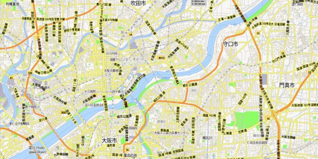 Osaka Vector Map Japan printable exact City Plan 2,000 meters scale ...