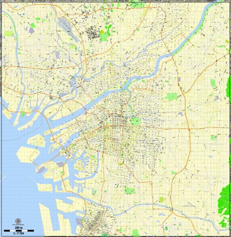 Osaka Map Vector Japan printable exact Street Map 250 meters scale City ...
