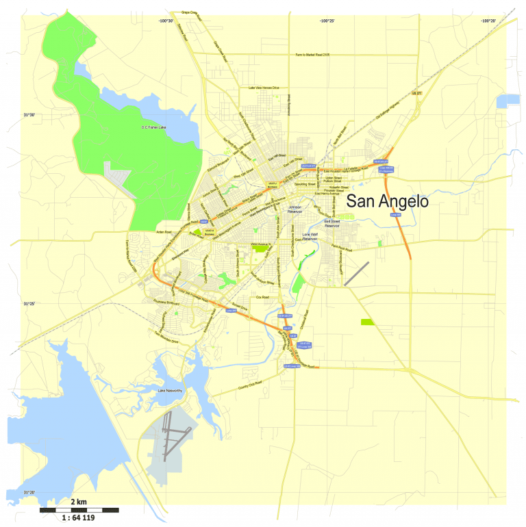 San Angelo, Texas, US, Free vector map Adobe Illustrator – Maps in Vector: Detailed Street Maps ...
