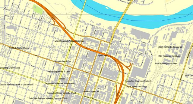 Topeka, Kansas, US, exact vector street City Plan map V2.09, full ...