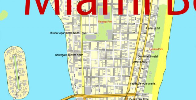 Miami PDF Map Florida US exact vector City Plan map in 4 parts editable ...