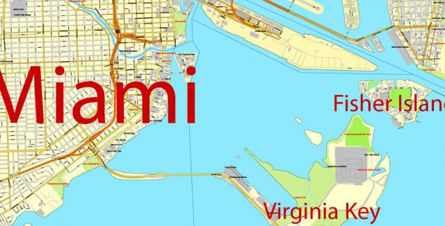 Miami PDF Map Florida US exact vector City Plan map in 4 parts editable ...