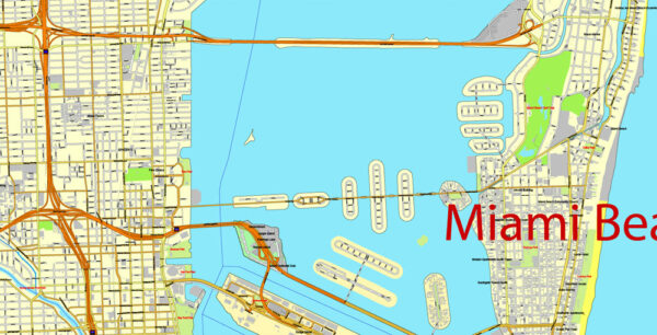 Miami PDF Map Florida US exact vector City Plan map in 4 parts editable ...