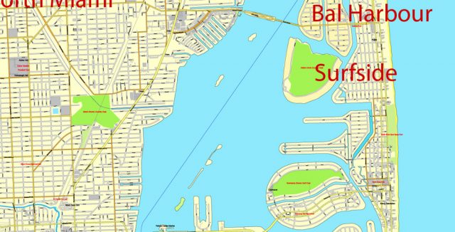 Miami Printable Map Florida US exact vector City Plan map in 4 parts ...