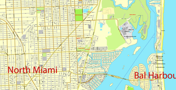 Miami PDF Map Florida US exact vector City Plan map in 4 parts editable ...