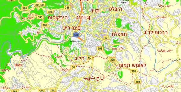 Jerusalem, Israel, printable (Hebrew, possible errors) vector map Adobe ...