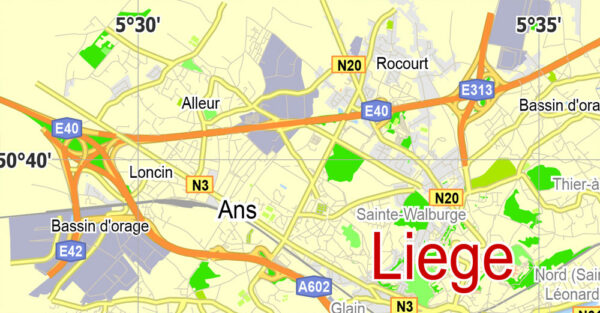 Liege PDF Map Belgium, printable vector City Plan Adobe Illustrator ...