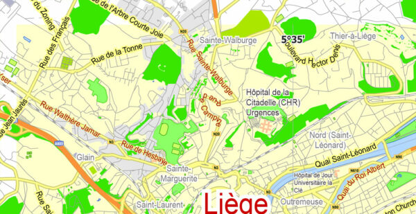 Liege, Belgium, printable vector map Adobe PDF editable, G-View level ...