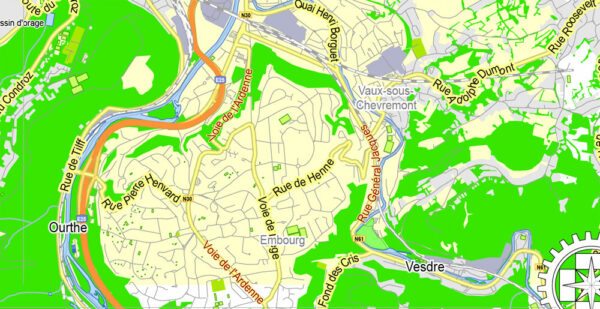 Liege, Belgium, printable vector map Adobe PDF editable, G-View level ...