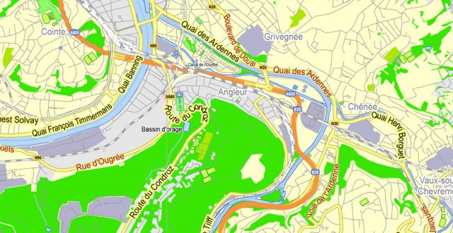 Liege, Belgium, printable vector map Adobe PDF editable, G-View level ...