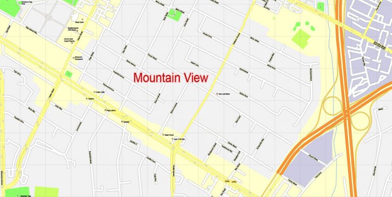 Mountain View, California, Printable Map, US, exact vector street G ...