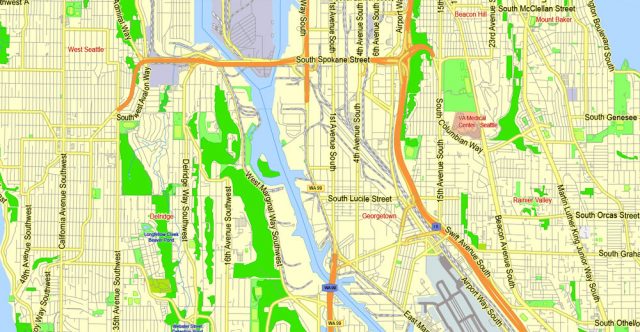 Seattle Map Large Area with neighborhood, state Washington, US, exact ...