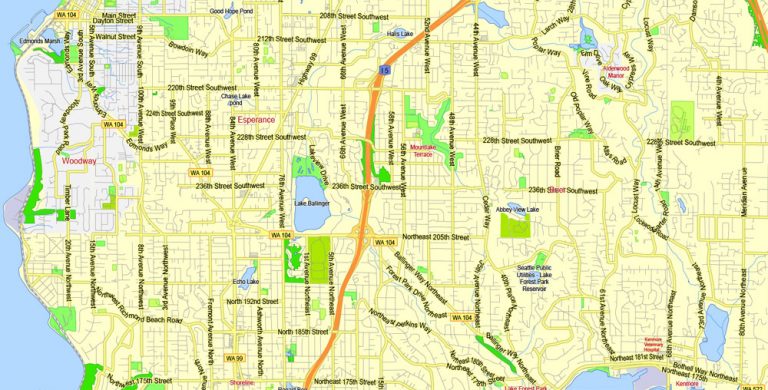 Seattle Area, state Washington, US, exact vector street map 2000 meter ...