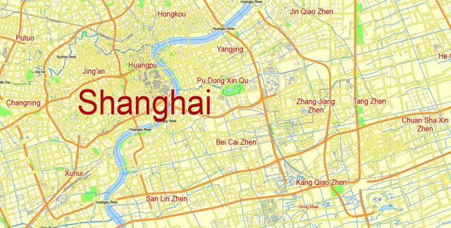 Shanghai Vector Map China printable City Plan 5 km scale full editable ...