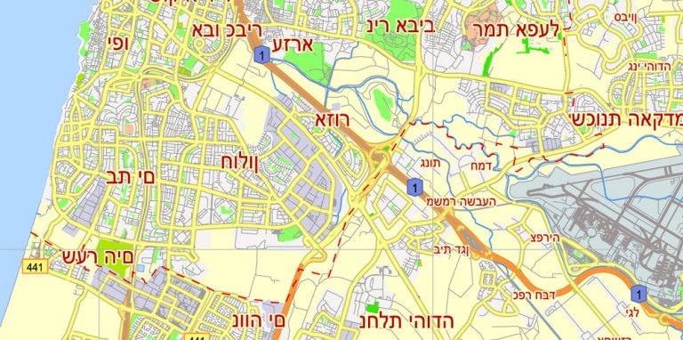 Tel Aviv Yafo, Israel, Free printable SVG map in Hebrew – Maps in ...