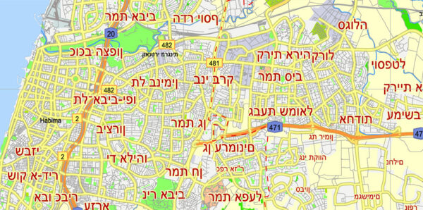 Tel Aviv Yafo, Israel, printable HEBREW vector map Adobe PDF editable G ...
