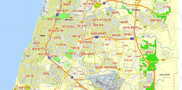 Tel Aviv Yafo, Israel, Free printable SVG map in Hebrew – Maps in ...
