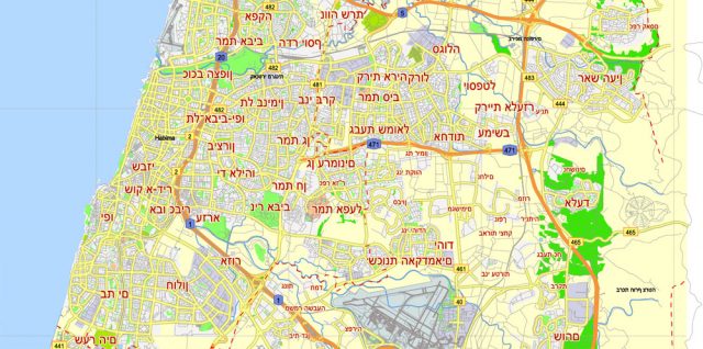 Tel Aviv Yafo, Israel, Free printable SVG map in Hebrew – Maps in ...