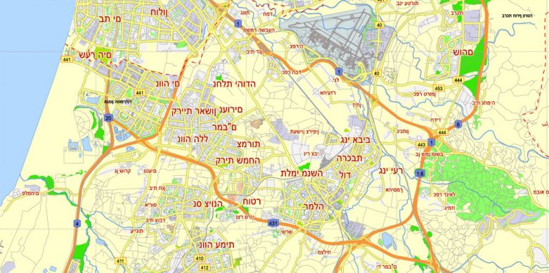 Tel Aviv Yafo, Israel, Free printable SVG map in Hebrew – Maps in ...