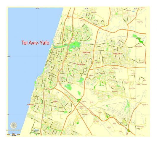 Tel Aviv Yafo, Israel, printable vector street G-view Level 13 (1 km ...