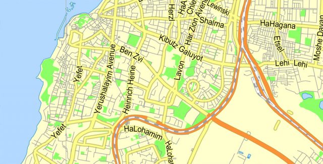 Tel Aviv Yafo, Israel, printable vector street G-view Level 13 (1 km ...