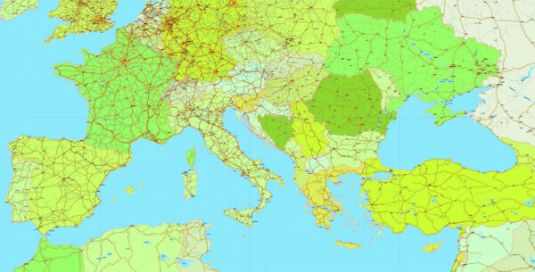 Europe full Detailed Map, printable vector map Adobe Illustrator editable