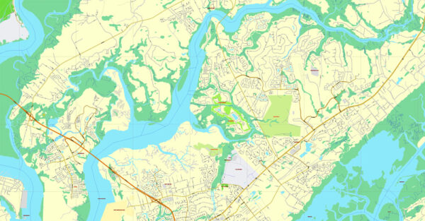 Charleston, South Carolina, printable Map, US, exact vector street City ...