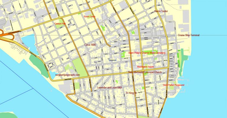 Charleston, South Carolina, printable Map, US, exact vector street City ...