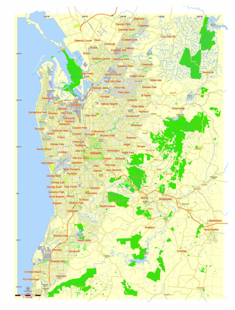 Adelaide: Free Printable Map Adelaide, Australia, exact vector street ...