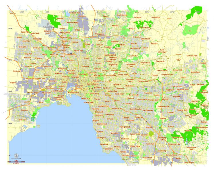 Melbourne: Free Printable Map Melbourne, Australia, exact vector street ...
