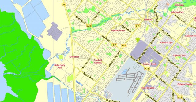 Adelaide Printable Map, Australia, exact vector street map, V27.11 ...