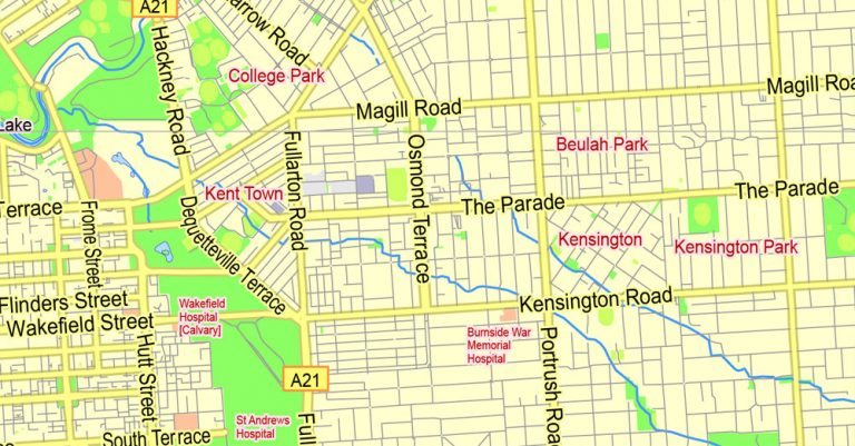 Adelaide PDF Map, Australia, exact vector street map, V27.11, fully ...