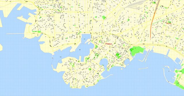 Athens + Piraeus Greece Printable Map exact vector street G-View Level ...