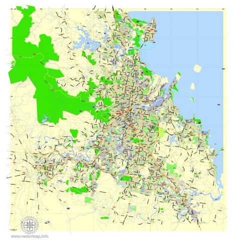 Brisbane PDF Map, Australia, exact vector street map, V27.11, fully ...