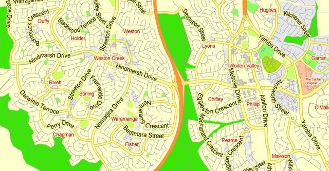 Canberra Printable Map, Australia, exact vector street map, V27.11 ...
