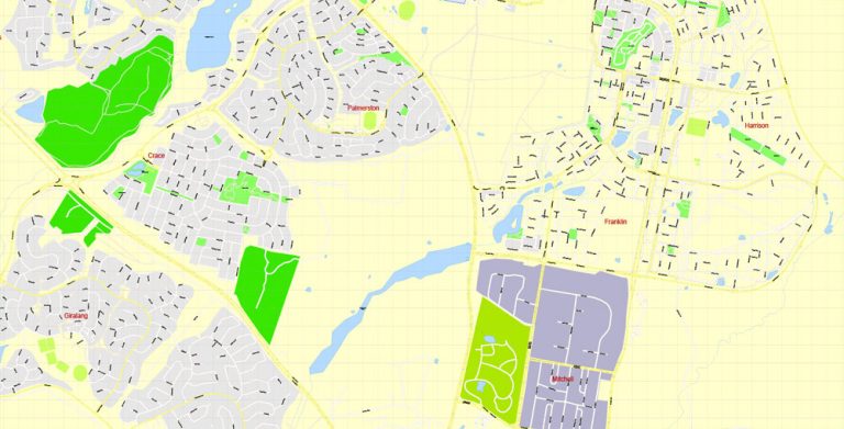 Canberra Printable Map, Australia, exact vector street map, V11.11 ...