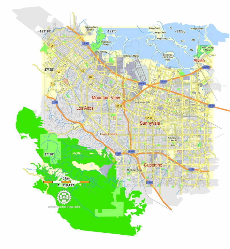 Mountain View, California, Free Printable Map in Adobe Illustrator and ...