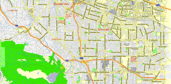 Mountain View PDF Map California US Printable exact vector City Plan ...