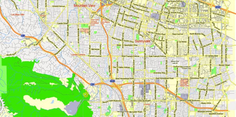 Mountain View PDF Map California US Printable exact vector City Plan ...
