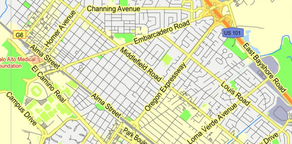 Mountain View PDF Map California US Printable exact vector City Plan ...