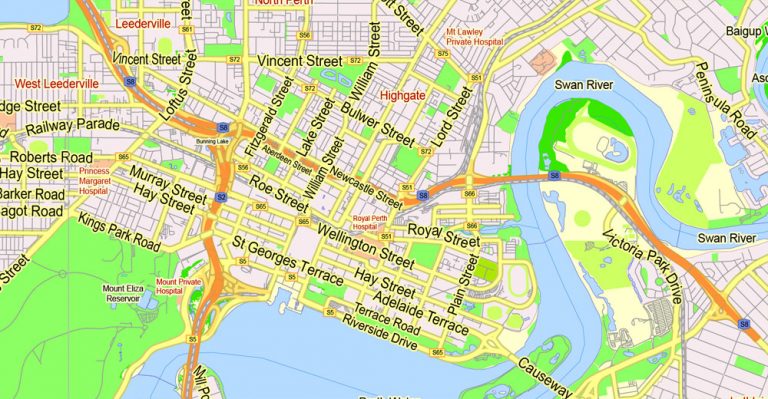 Perth Printable Map, Australia, exact vector street map, V27.11, fully ...