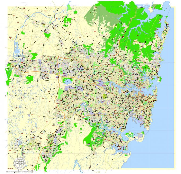 Sydney Printable Map, Australia, exact vector City Plan editable, Adobe Illustrator 2000 meters ...