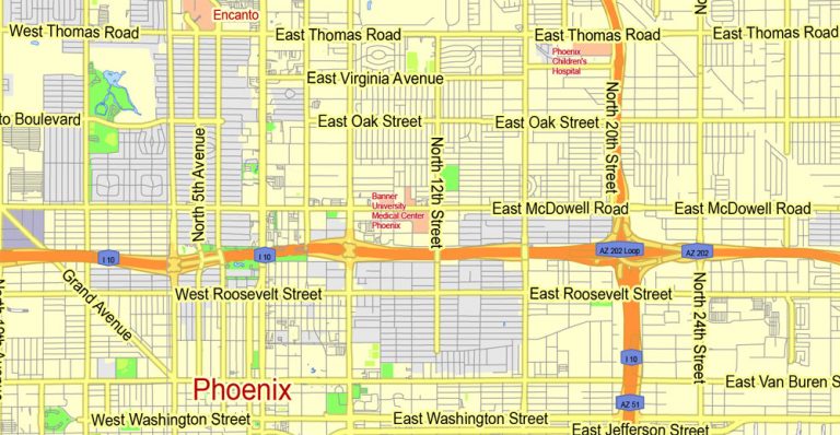 Phoenix metro area PDF Map, Arizona, exact vector street G-View Level ...