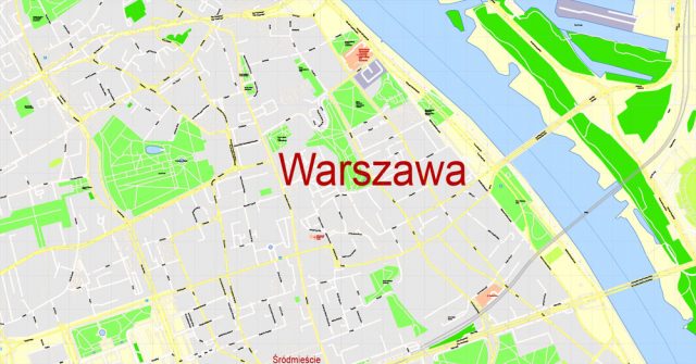 Warsaw (Warszawa) Printable Map, Poland, exact vector street G-View ...