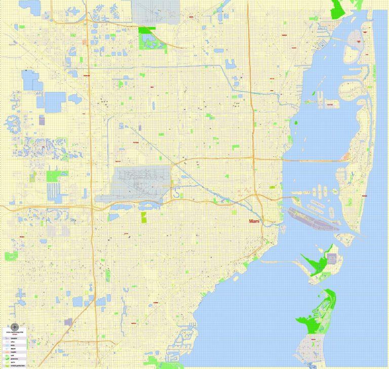 Miami Printable Map, Florida, US, exact vector street G-View Level 17 ...
